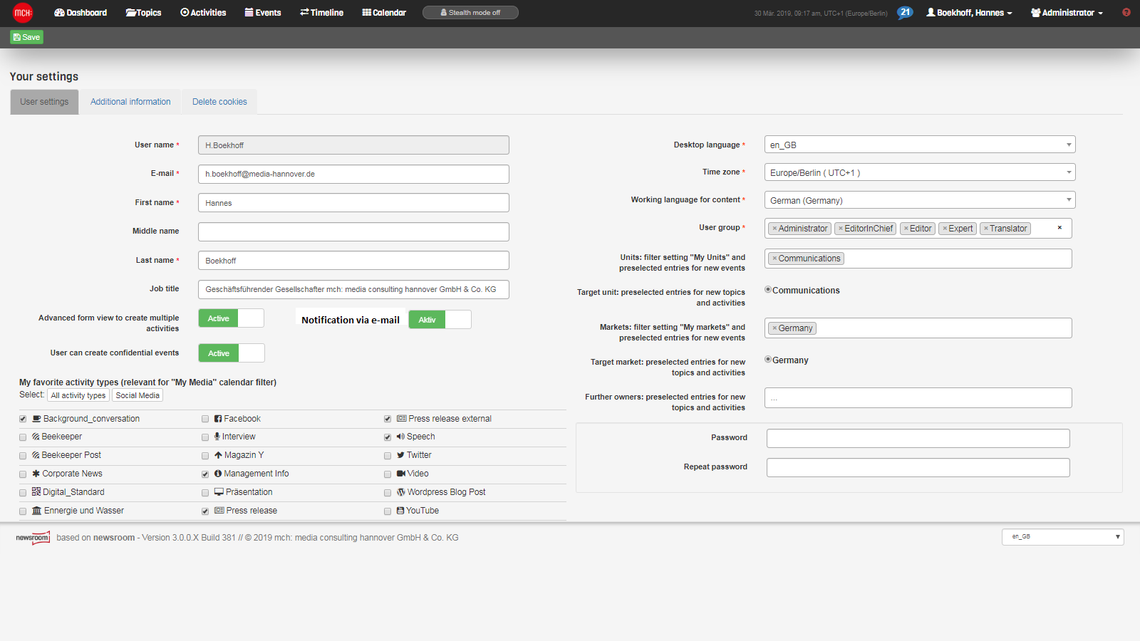 Personal Settings - Newsroom Software